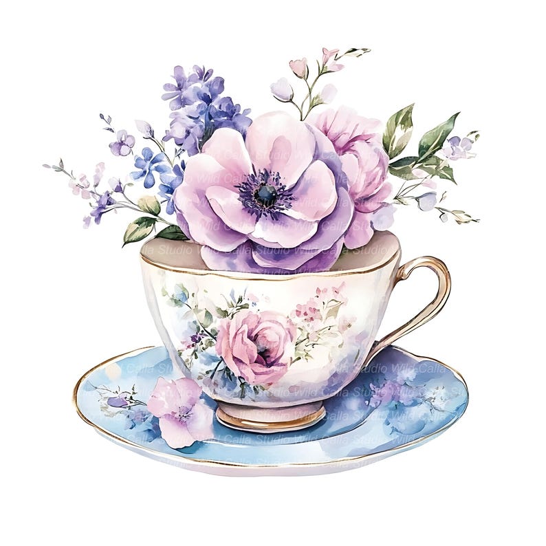 10 Watercolor Teacup Clipart: Pastel Floral Designs (digital Download ...