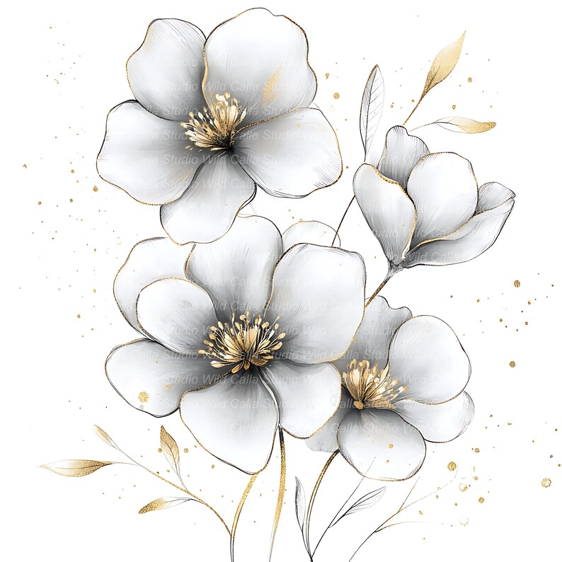 Flower Bouquet Clipart: 15 Watercolor Designs (graphite and Gold) - Etsy