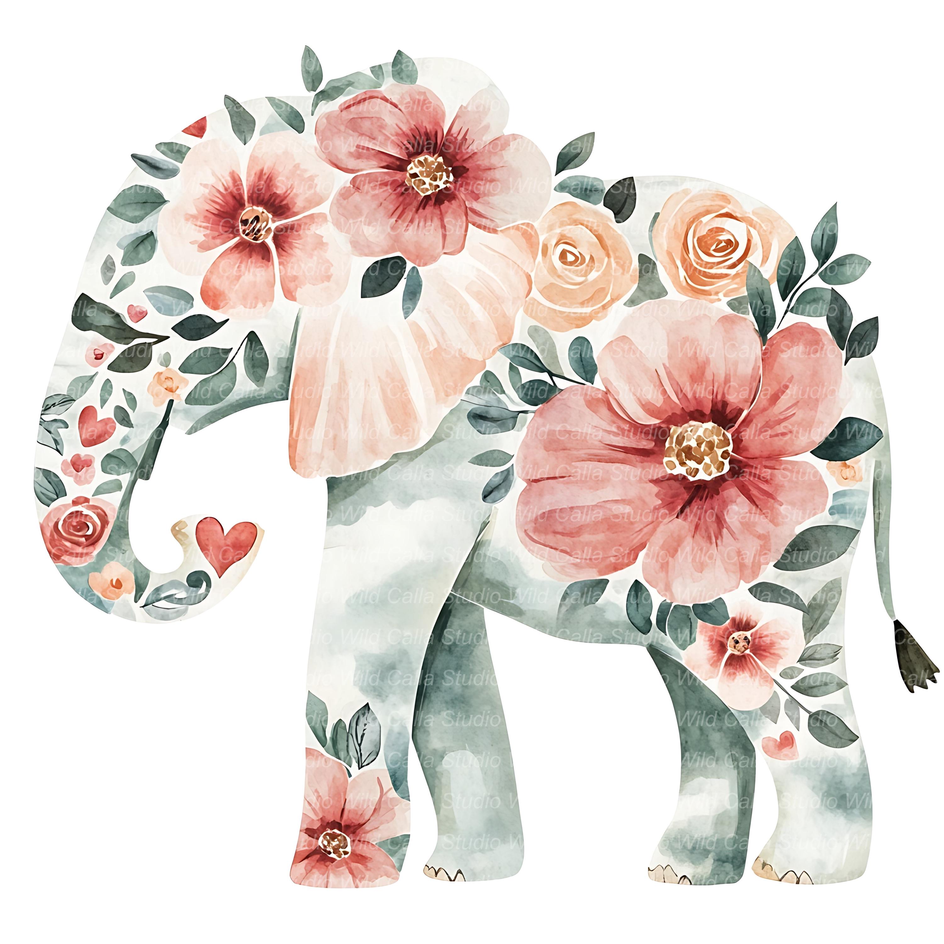 Whimsical Elephant Clipart: Floral Valentine Watercolor Set (13 Digital ...