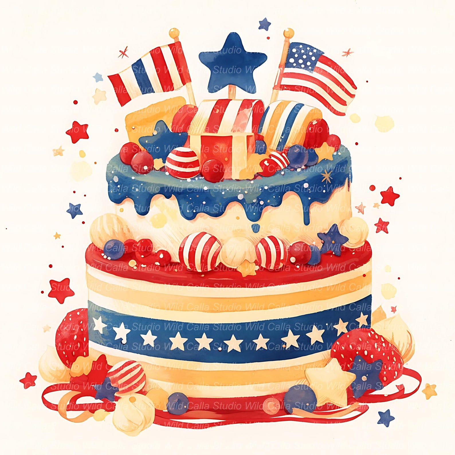 Digital Clipart Set: American Flag Cake and Stars - Watercolor Style - Etsy
