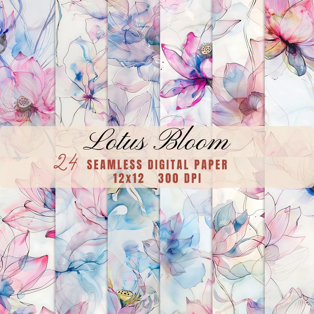 Lotus Soft Pink Aqua Blue Digital Paper, Watercolor Seamless Pattern ...
