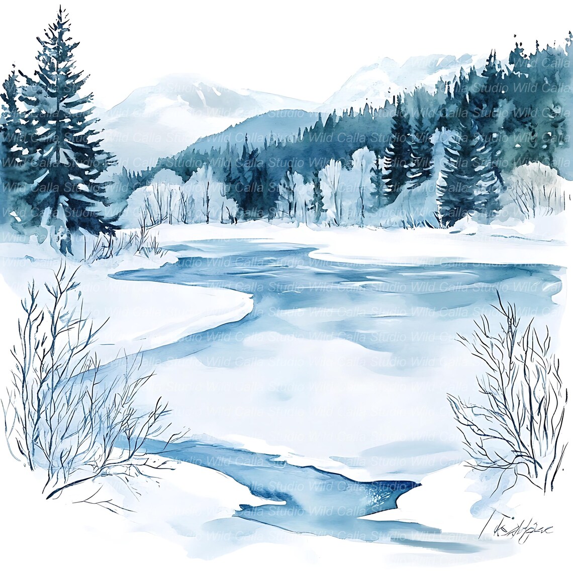 Winter Ice Clipart: Frozen Lake Watercolor (12 JPG for Crafts) - Etsy