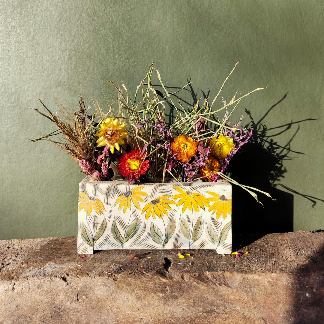 Flower Brick Vase | Handmade Ikebana Vase | Sunflower Design. - Etsy