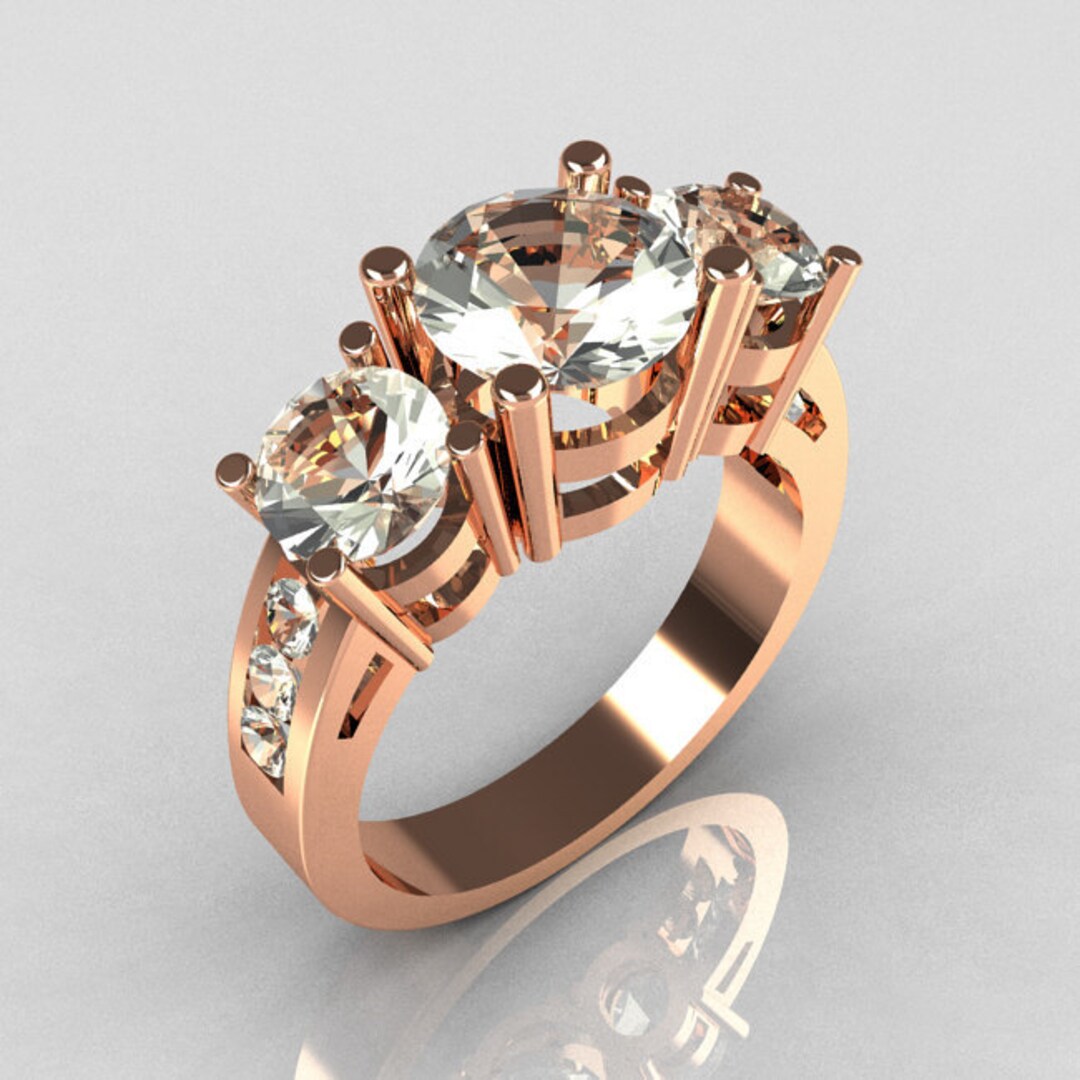 Contemporary 14K Rose Gold Three Stone 2.25 Carat Total Round Zirconia ...