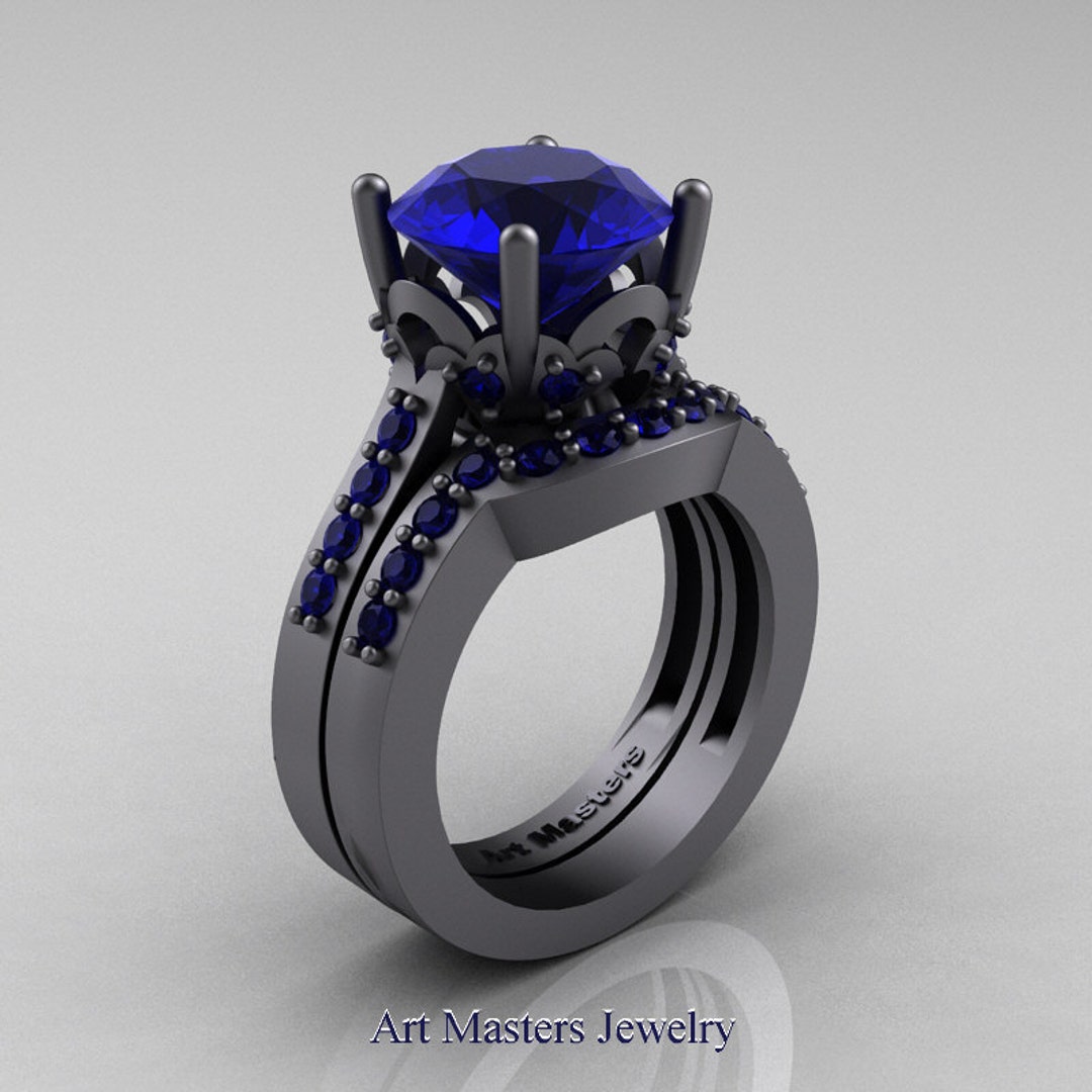 Classic 14K Grey Gold 3.0 Carat Blue Sapphire Solitaire Wedding Ring ...