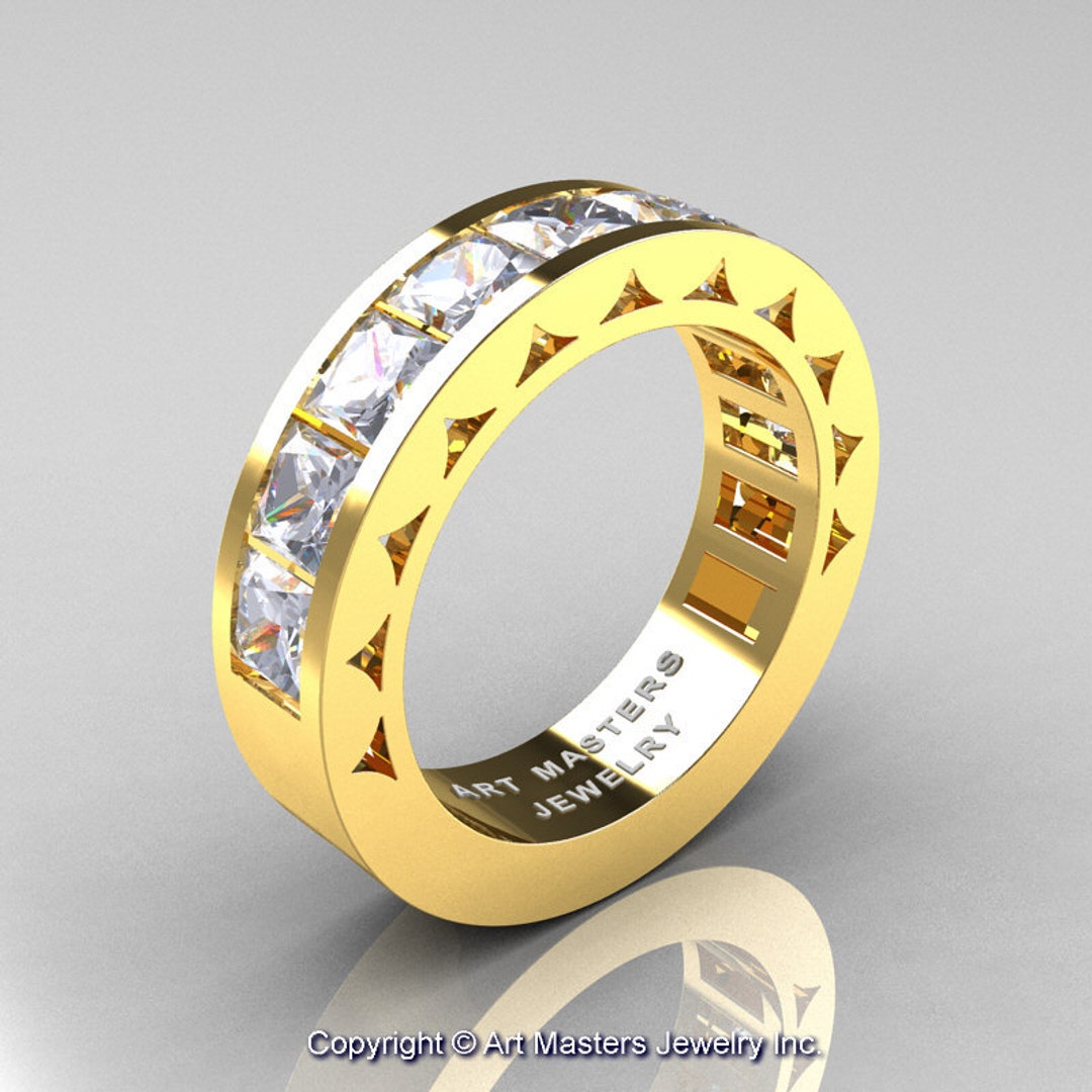 Mens Modern 14K Yellow Gold Princess Cubic Zirconia Channel Cluster ...