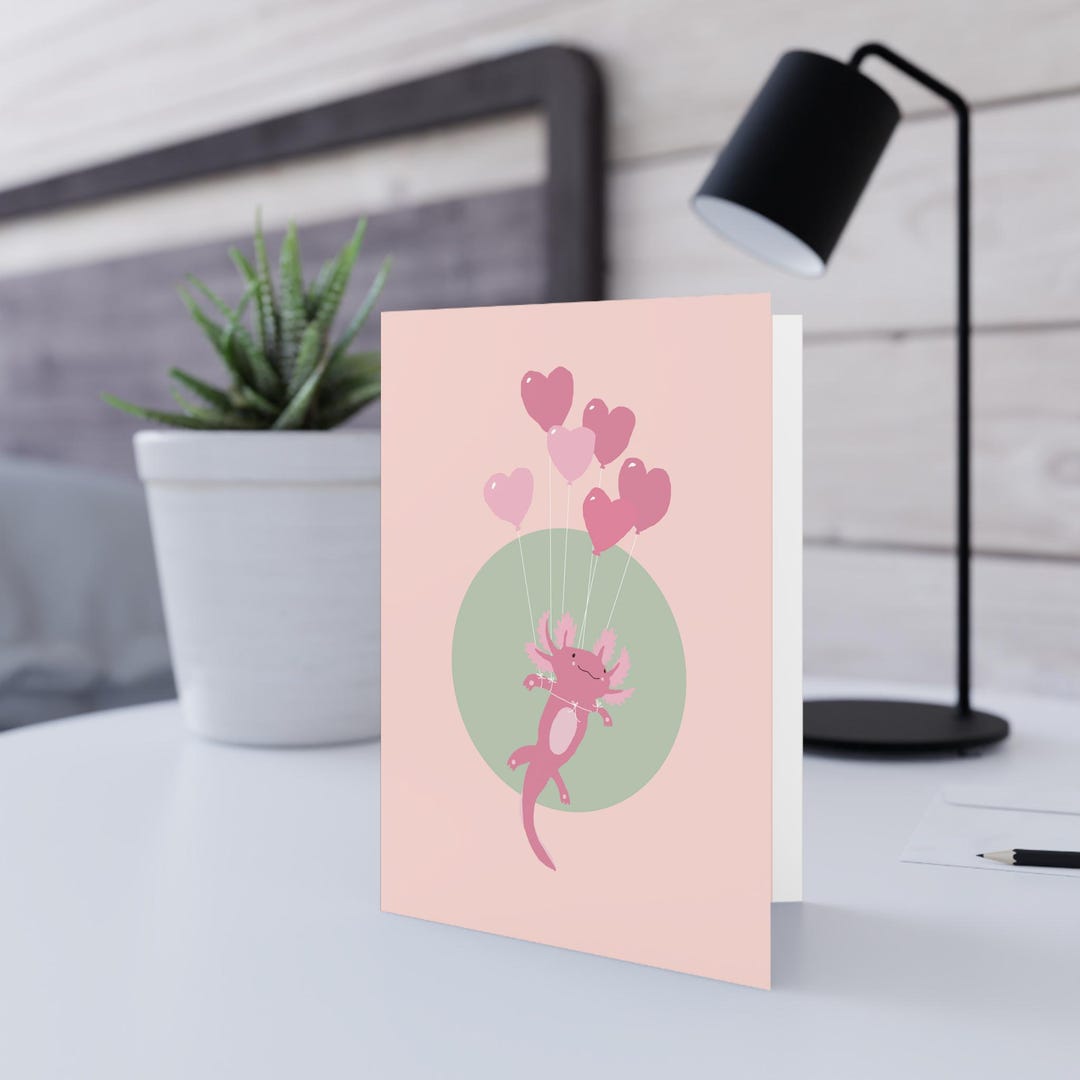Axolotl Valentines Card Heart Balloons Cute Gift for Her Axolotl Lover ...