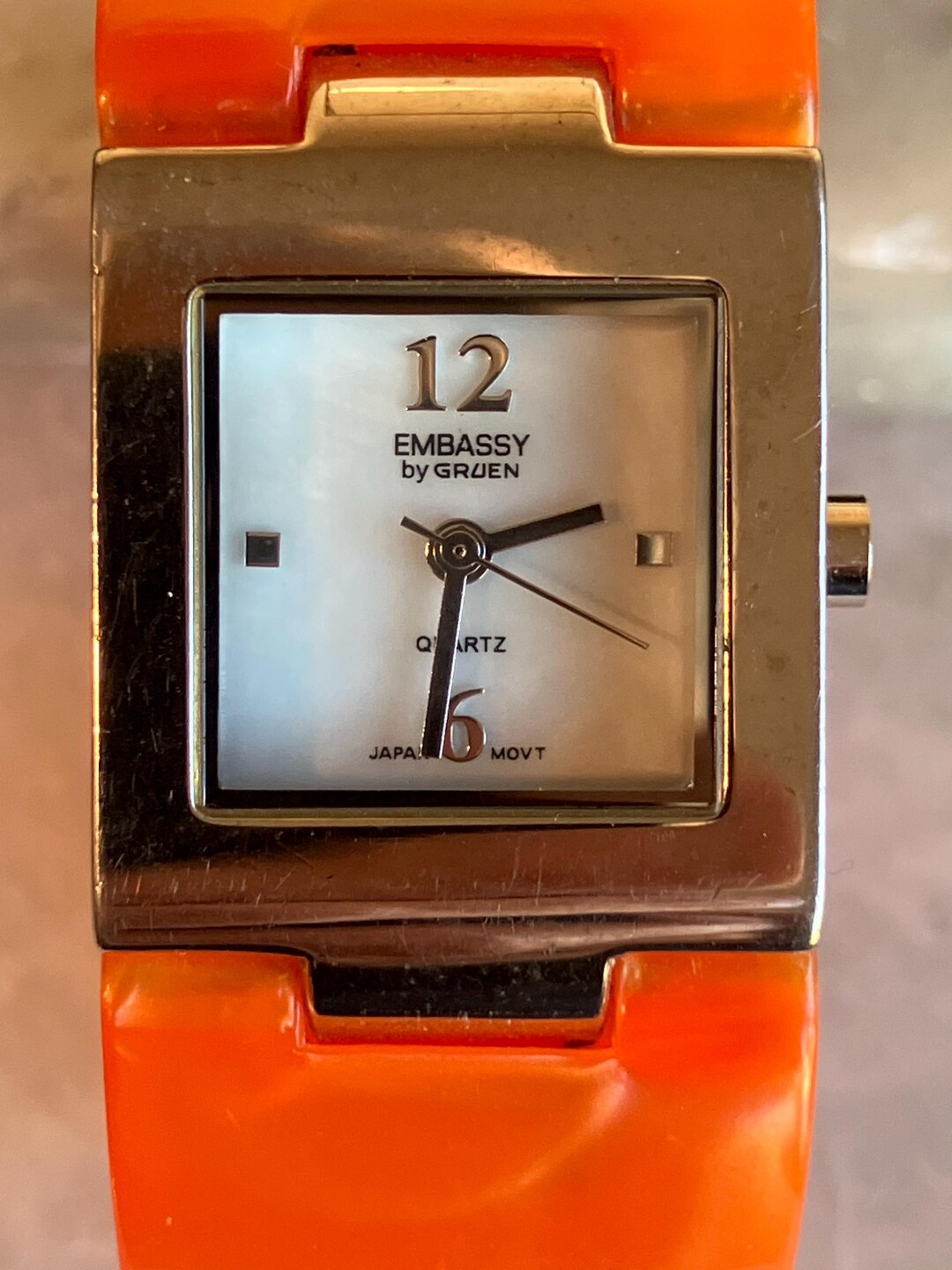 Vintage Embassy by Gruen Orang Cuff Watch Adjustable Resin Bracelet ...