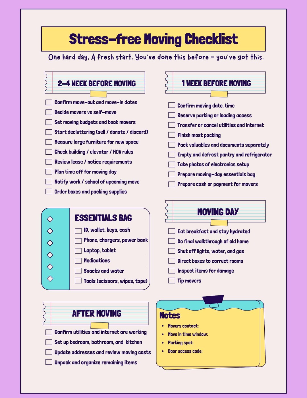 Stress-free Moving Checklist | Before During and After Moving Day ...