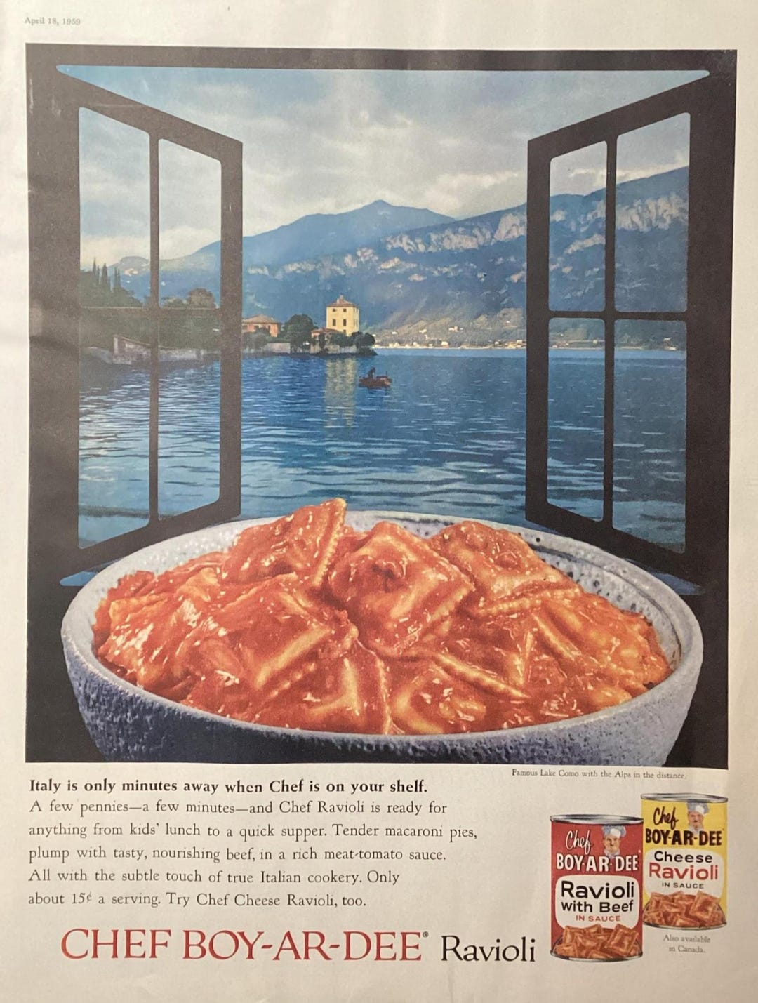 1959 Chef Boy-ar-dee Ravioli Ad | Lake Como Italy Alps | Vintage ...