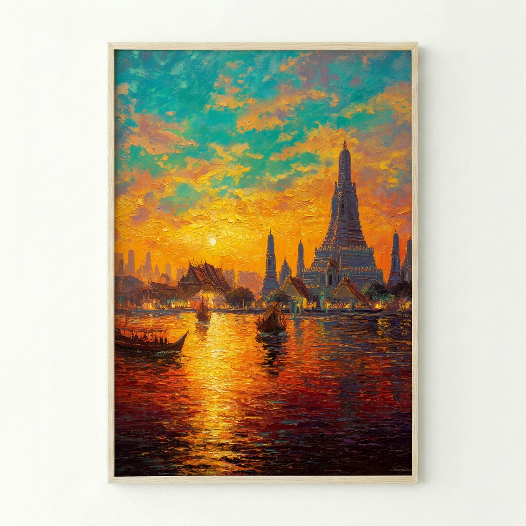 Bangkok Printable Cityscape Art - Vibrant Riverfront Temple at Sunset ...