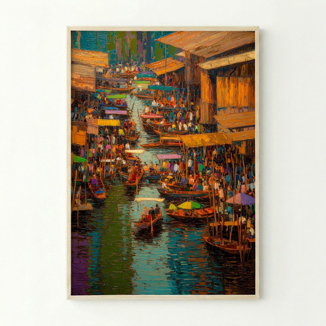 Bangkok Floating Market Printable Painting - Vibrant Tropical Wall Art ...