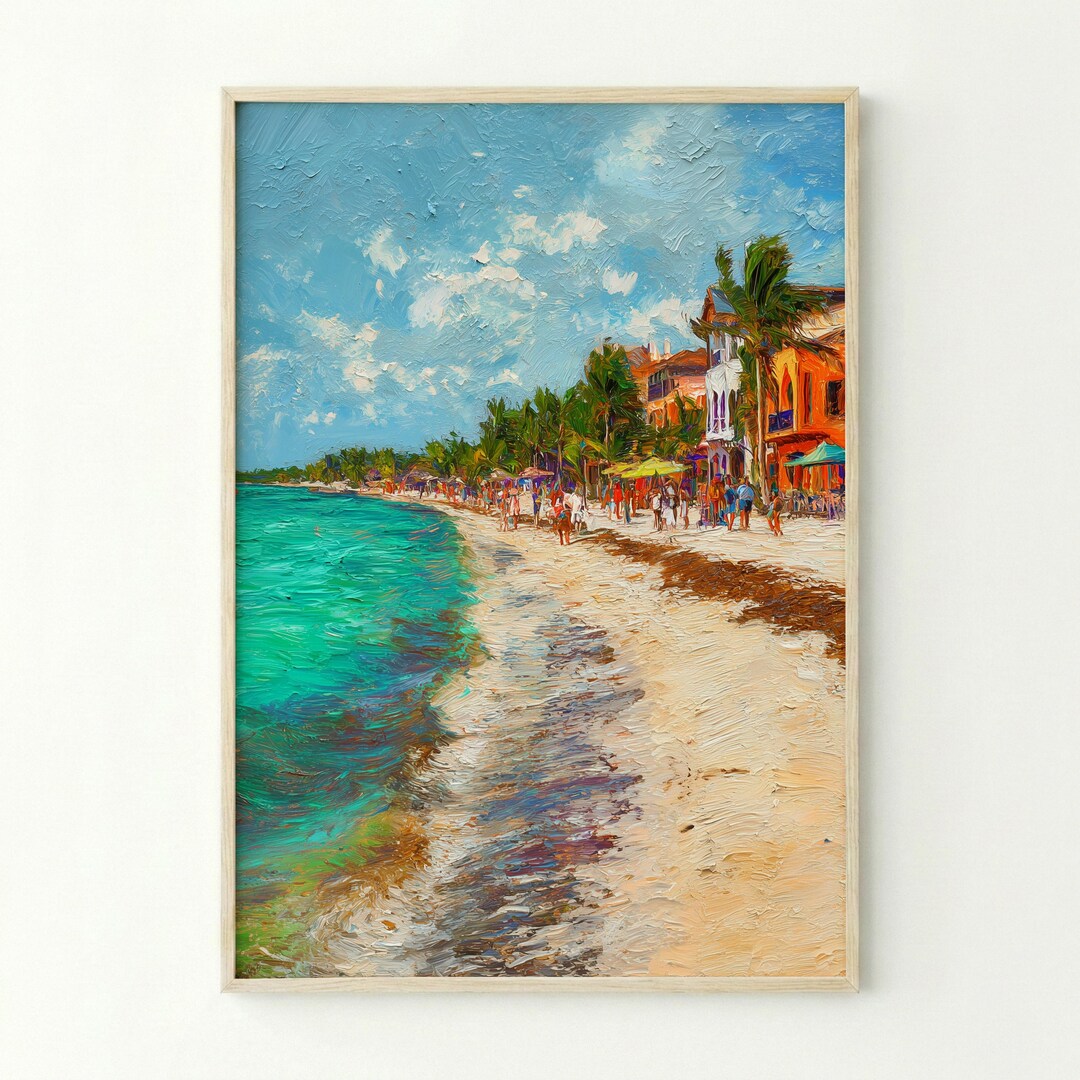 Tropical Playa Del Carmen Beachfront Travel Poster - Vibrant Sea & Sand ...