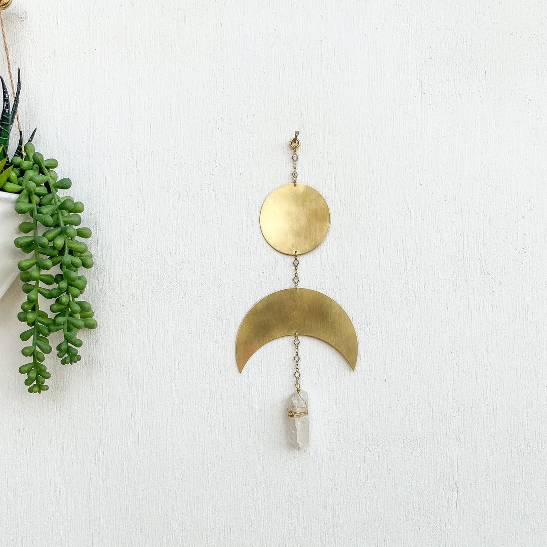 Brass Crescent Wall Hanging With Crystal, Aura Quartz, Rainbow Quartz ...