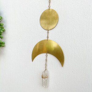 Brass Crescent Wall Hanging With Crystal, Aura Quartz, Rainbow Quartz ...