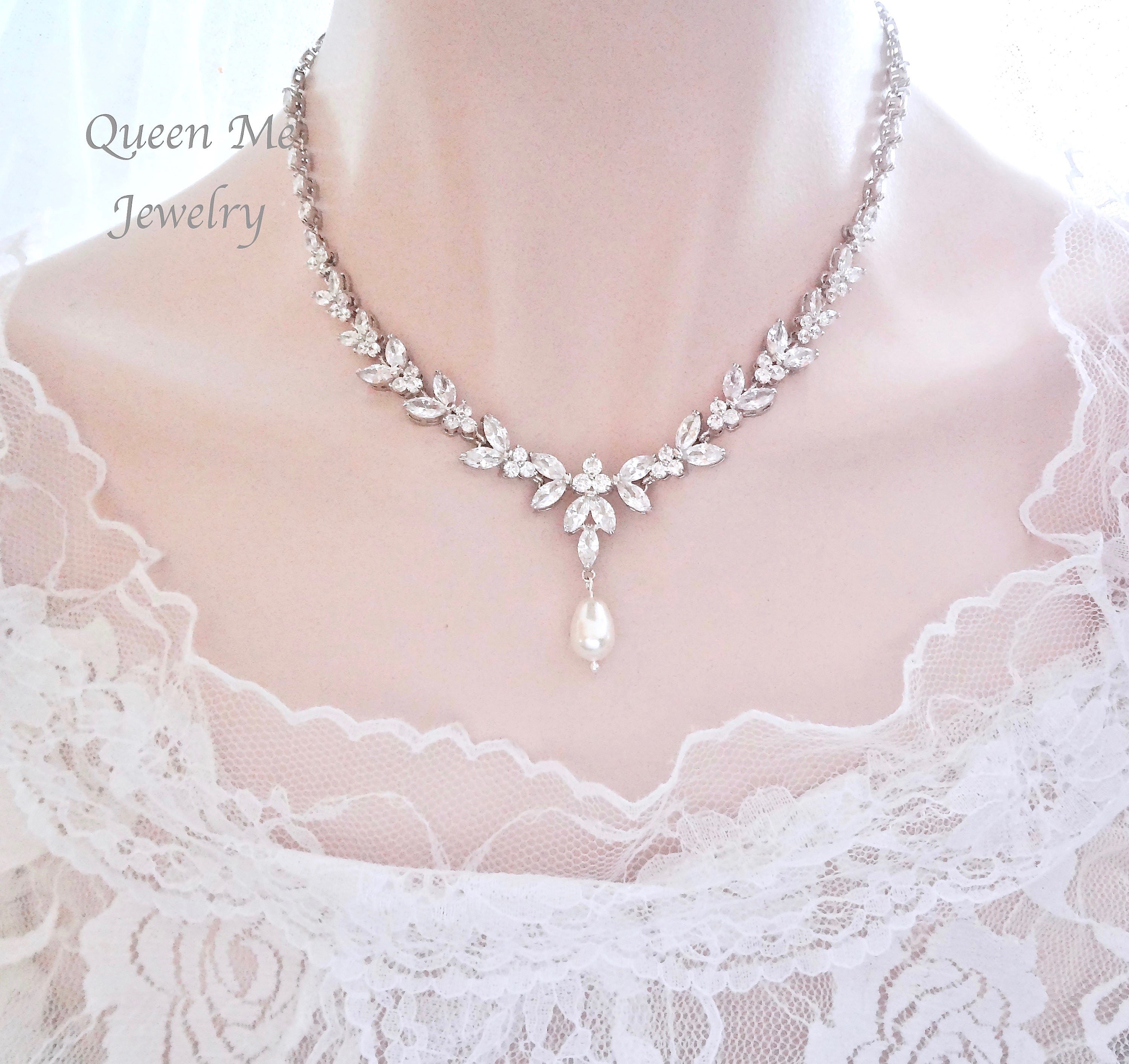 Pearl Jewelry SET for a Bride Mother of the Bride Cz Leaf Marquise ...