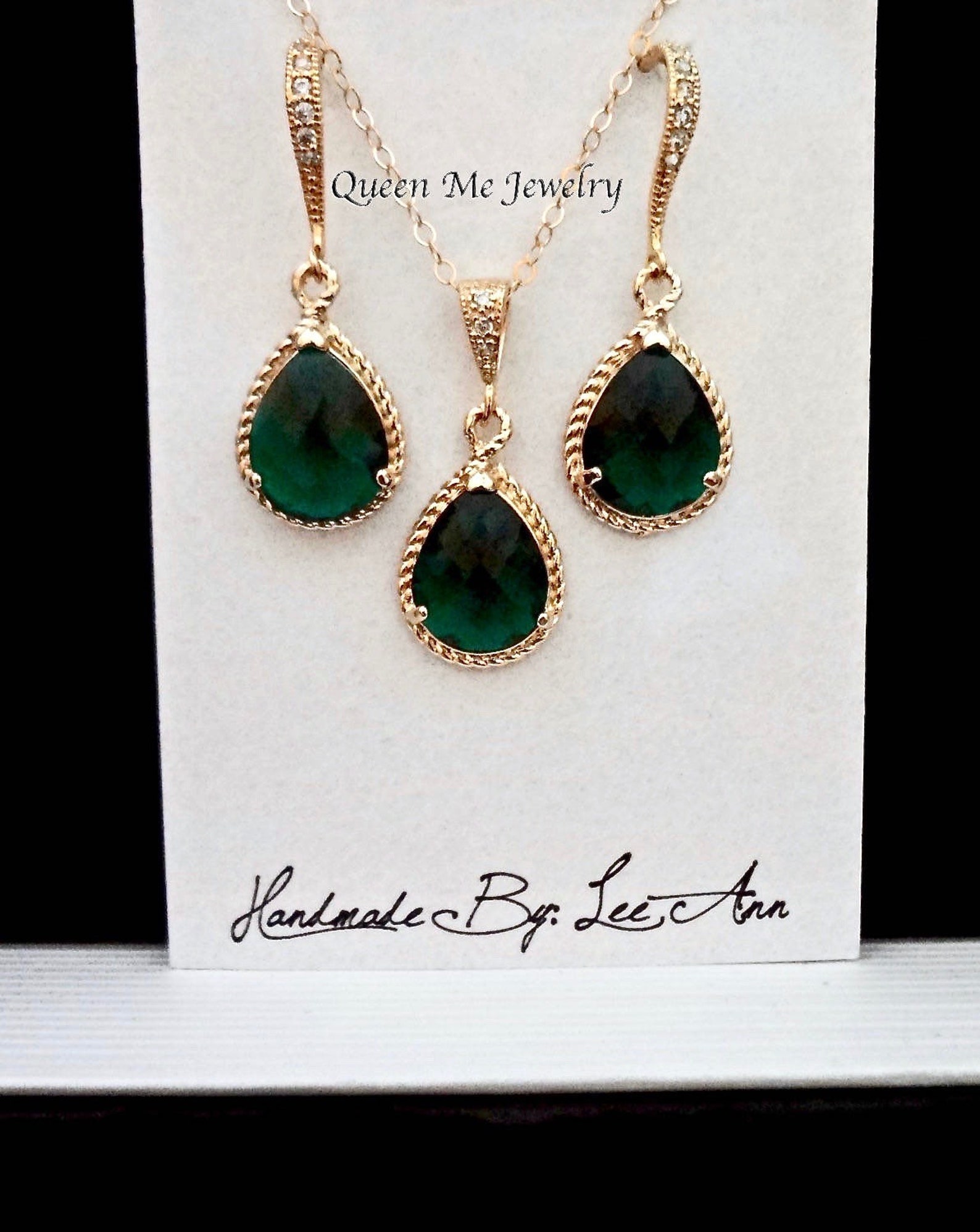 Emerald Green and Gold Teardrop Jewelry Set for a Bride Earrings ...