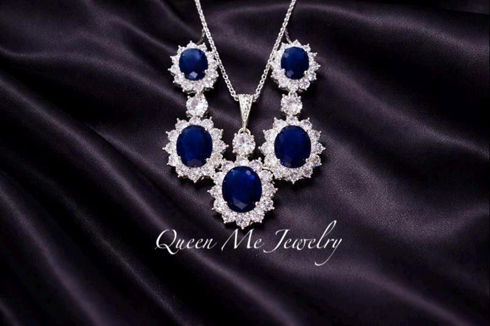 Bridal Jewelry SET, Blue Sapphire Navy Something Blue Jewelry, Halo Cz ...