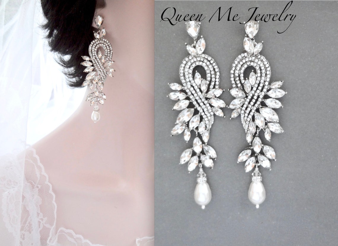 Pearl Statement Earrings for a Bride Long Pearl Crystal - Etsy