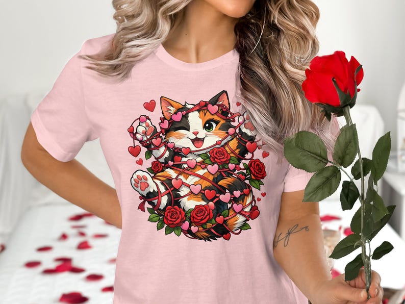 Calico Cat Valentine T-shirt, Heart Roses Kitty Tee - Etsy UK