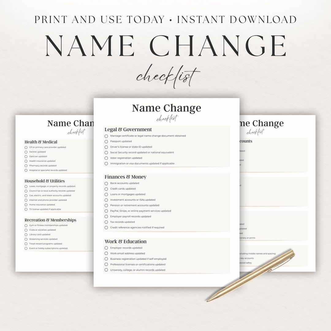 Name Change Checklist Printable | Newly Married Surname Tracker ...