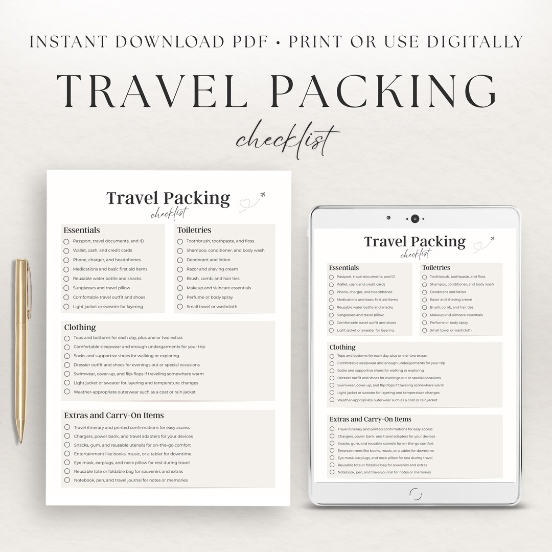 Travel Packing Checklist Printable, Essential Vacation Packing List ...