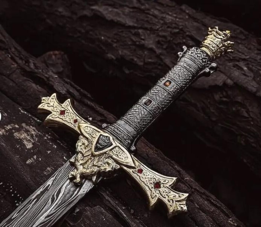 Handmade Damascus Steel Templar Sword: Medieval Style With Leather ...