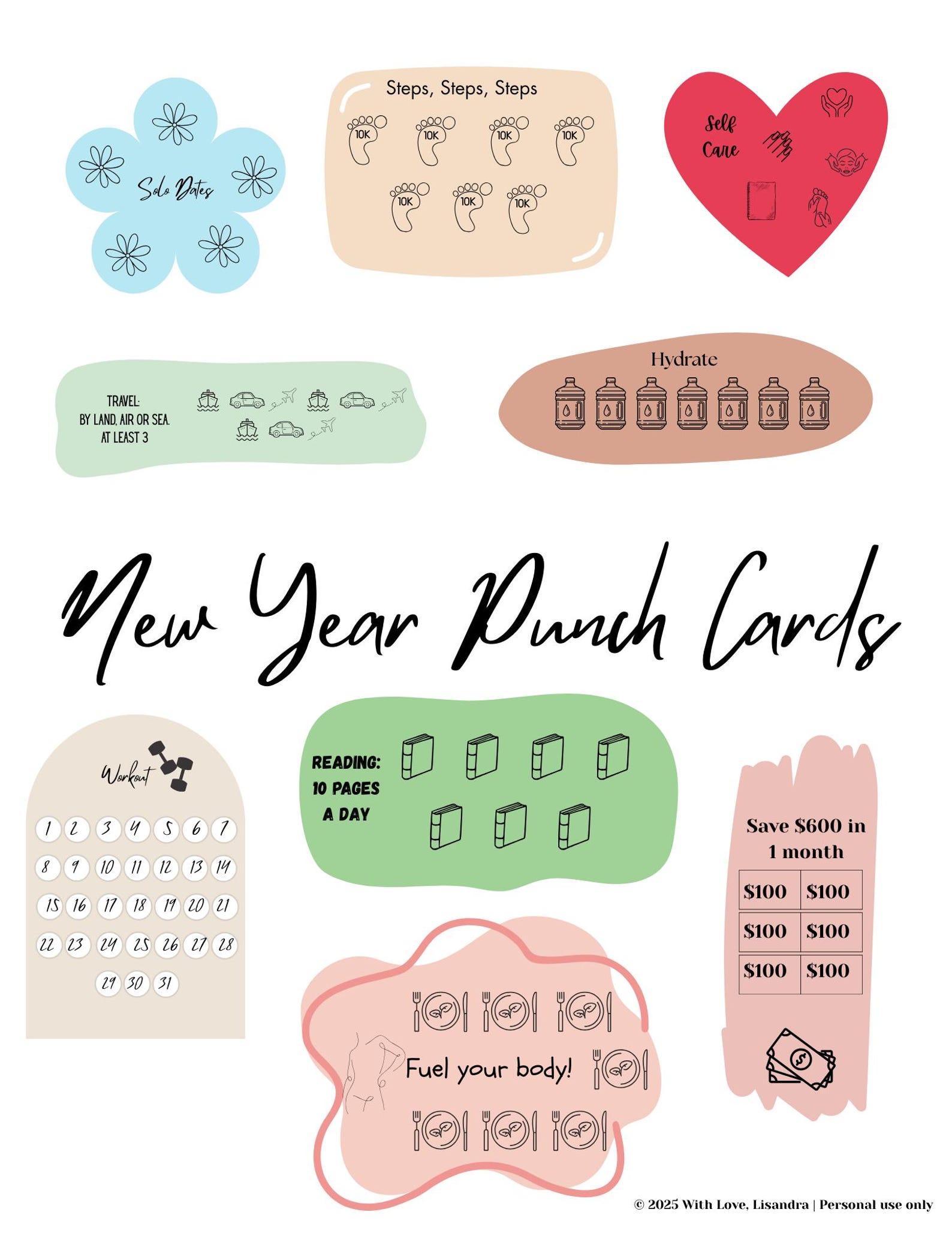 New Year Habit Tracker Punch Cards | Printable Habit Challenge | Self ...