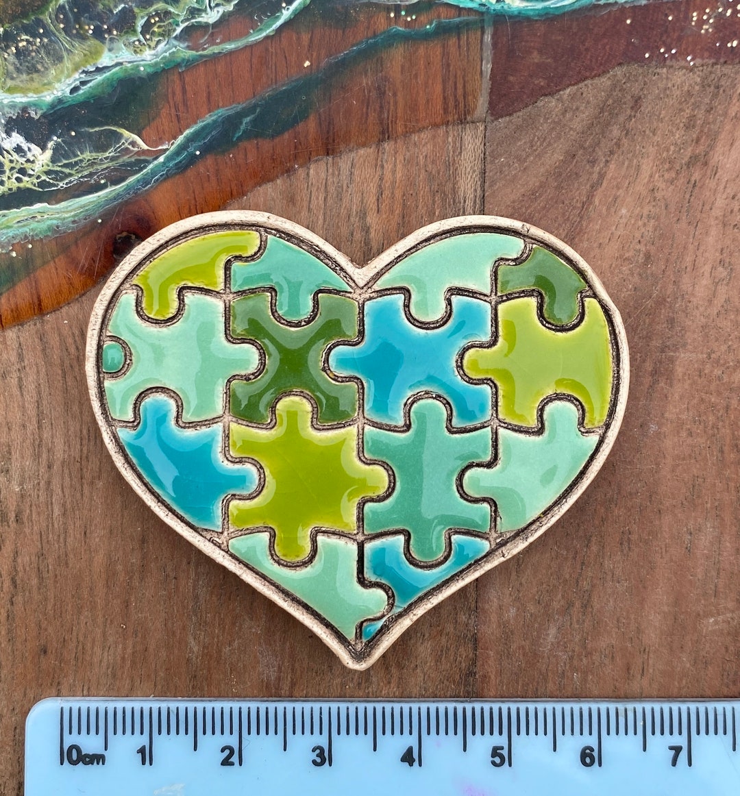 Ceramic Large Painted Puzzle Heart Tile, in Green and Aqua - Etsy