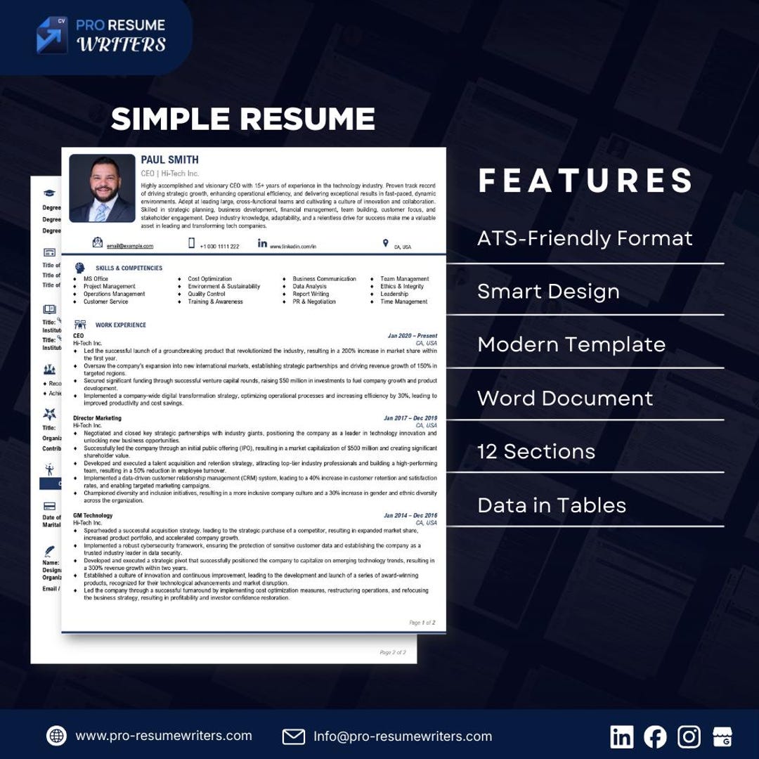 Simple CV Template - Professional Resume Word Template - Etsy