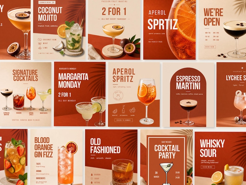 40 Cocktail Bar Instagram Templates Canva, Social Media Pack, Cocktail ...