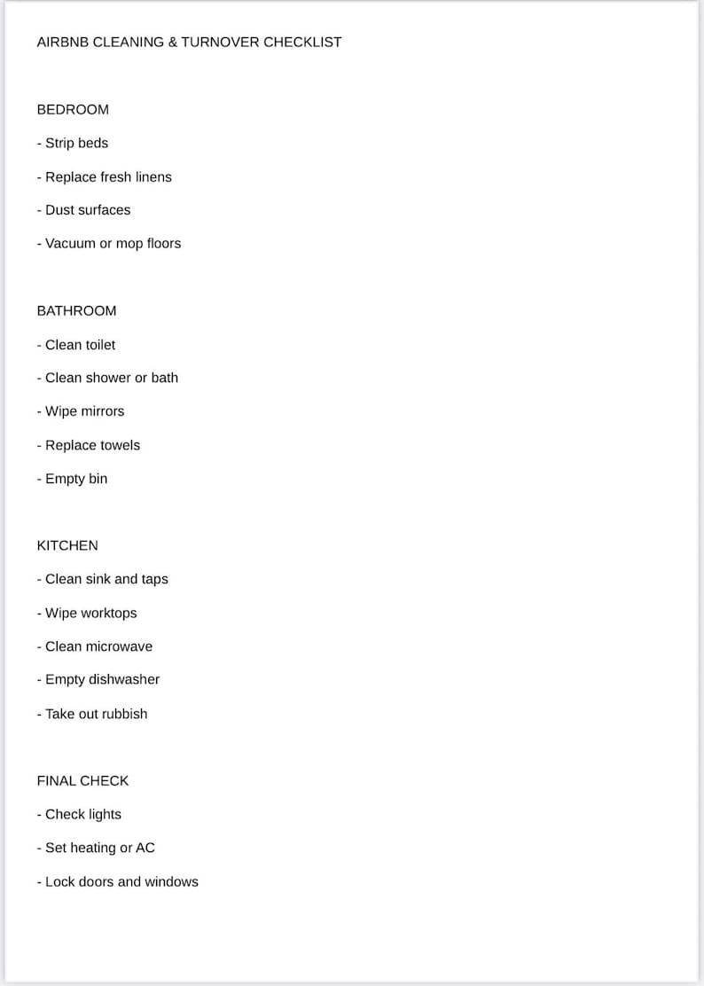 Airbnb Cleaning & Turnover Checklist - Etsy