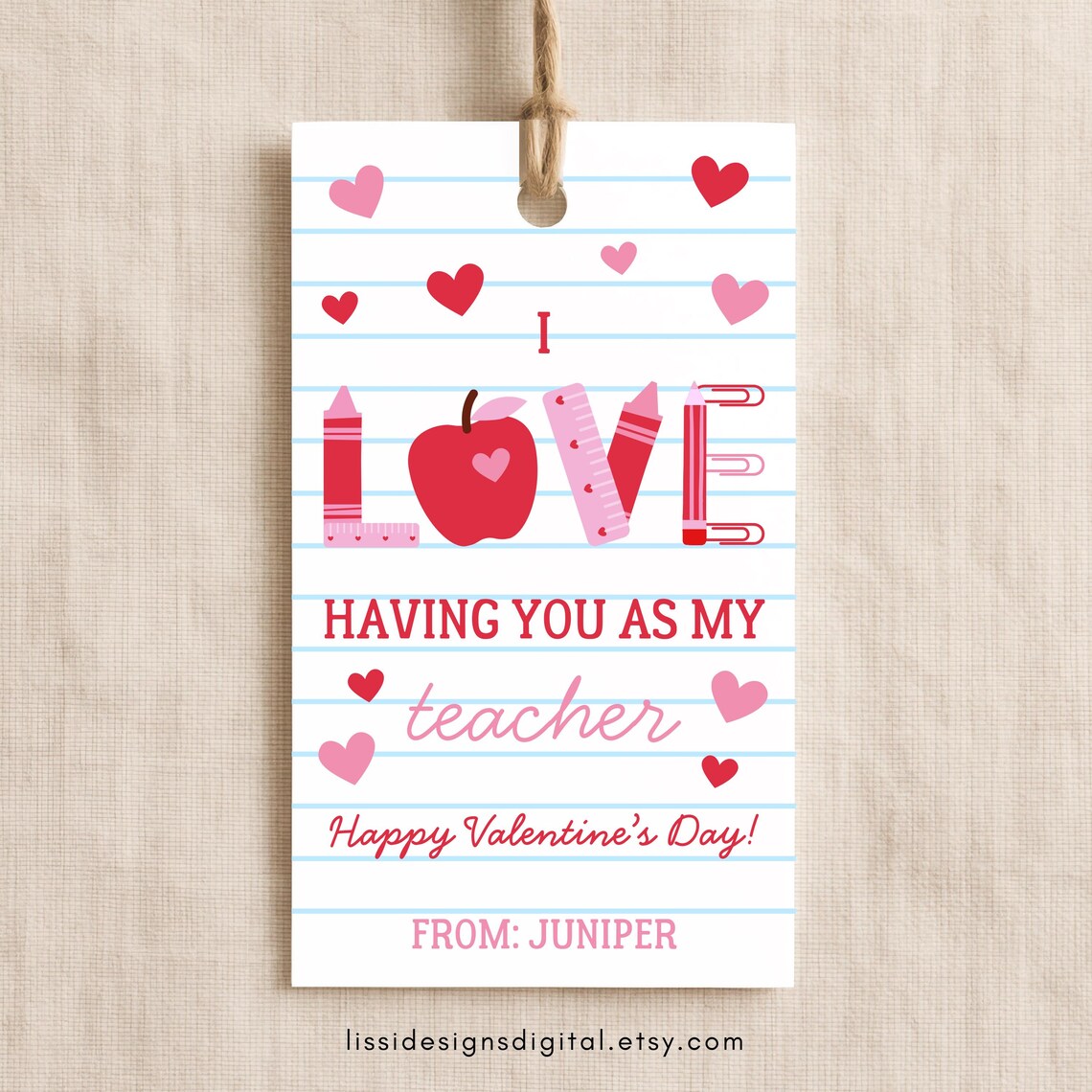 Printable Teacher Valentine Gift Tags: Personalized Valentine, Editable ...