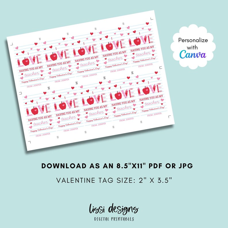 Printable Teacher Valentine Gift Tags: Personalized Valentine, Editable ...