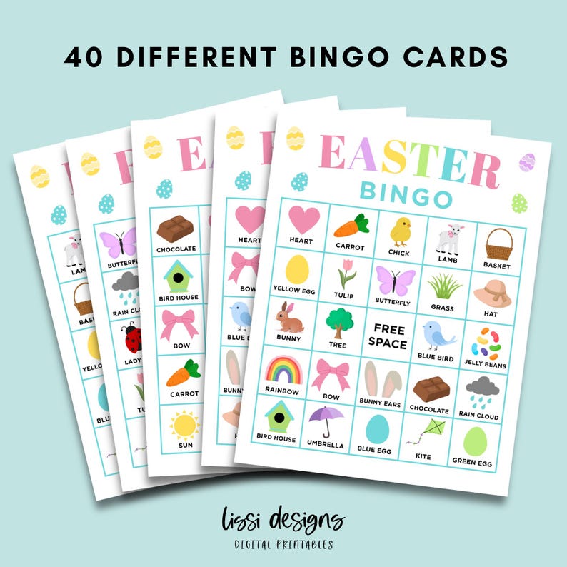 Easter Bingo Cards: 40 Printable Easter Themed Bingo Game, Bingo Game ...