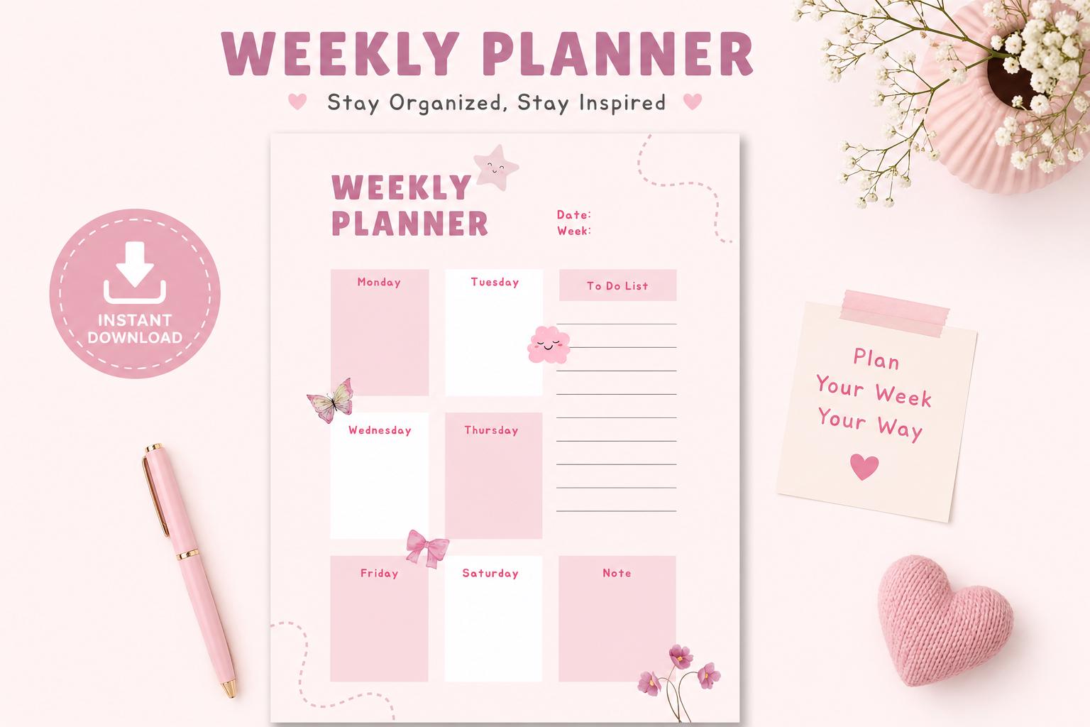 Pink Weekly Planner Printable | Minimal Schedule, Productivity PDF ...