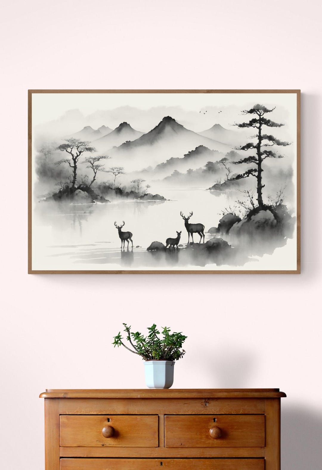 Deer Sumi-e Wall Art Printable – Japanese Ink Landscape, Zen Nature ...