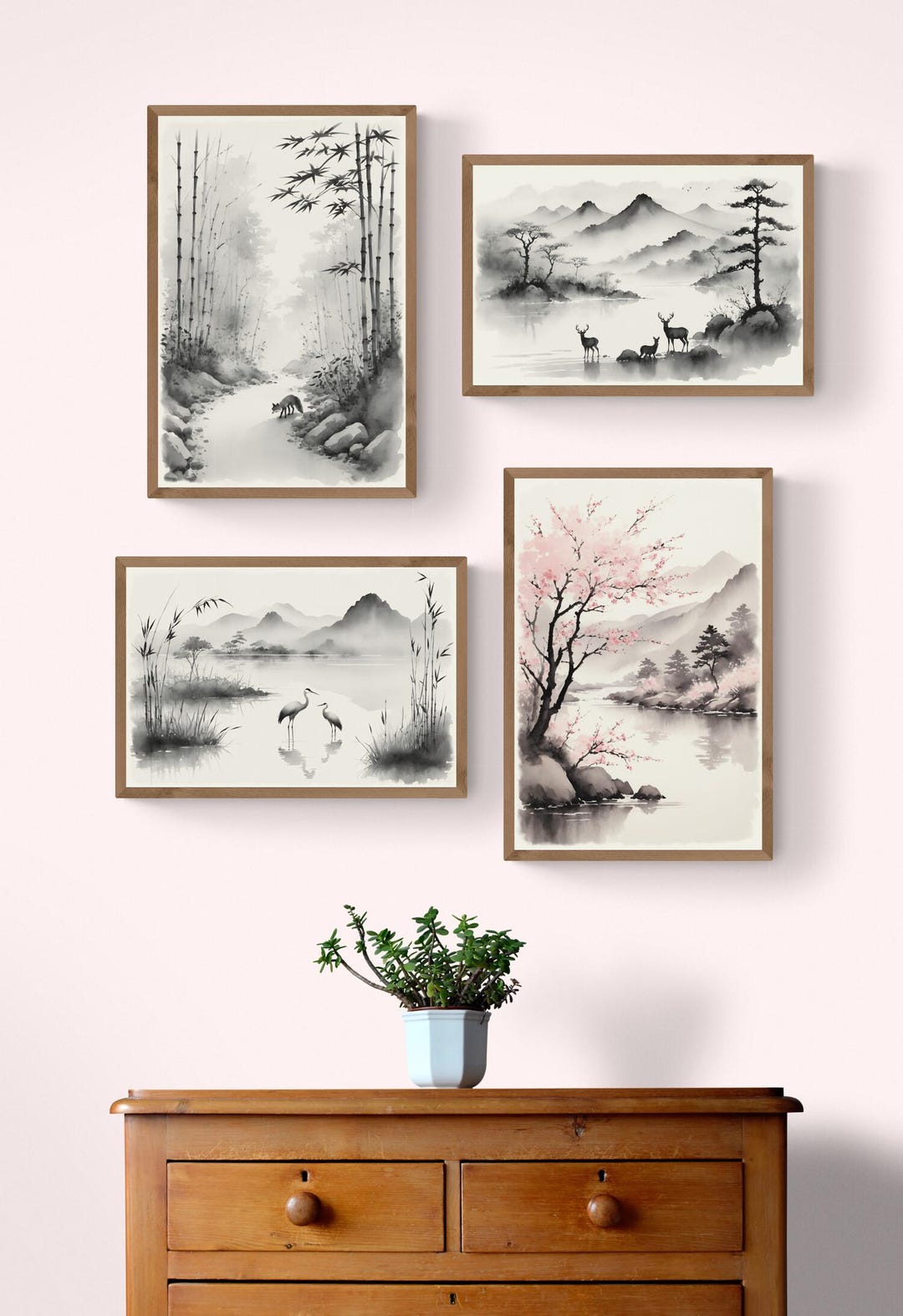Japanese Sumi-e Nature Wall Art Bundle – Deer, Crane, Fox, Cherry ...