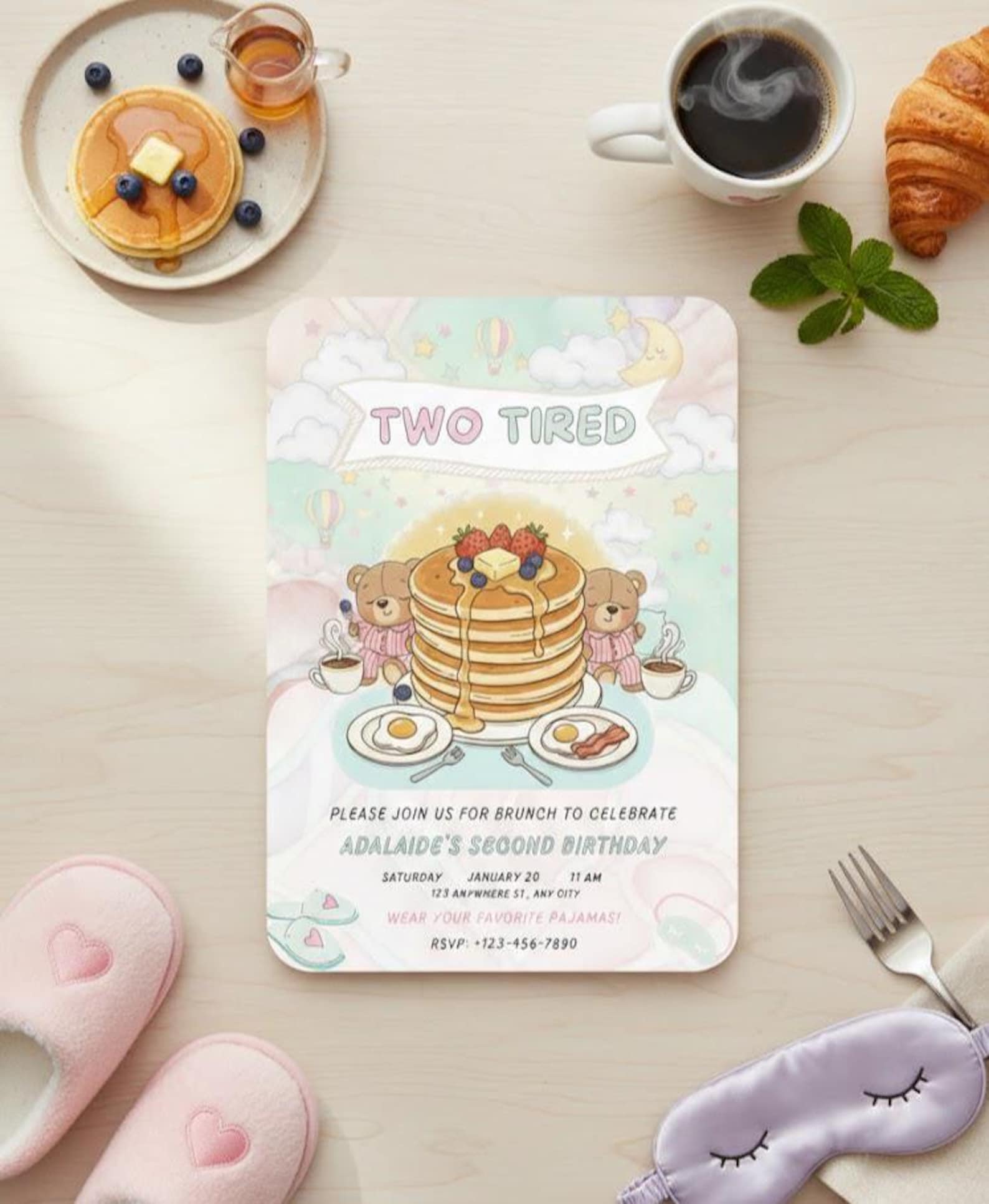 Two Tired Second Birthday Invitation Template, Pajama Brunch Second ...