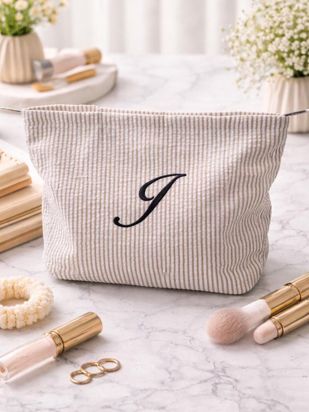Embroidered Seersucker Cosmetic Pouch, Initials Makeup Bag, Bridesmaid ...