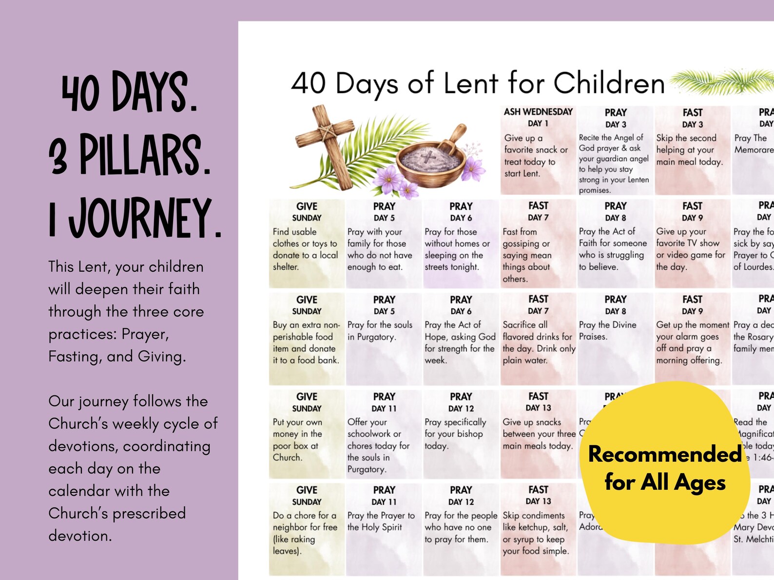 Catholic Lent Calendar for Kids | Printable 40 Days of Lent Activities ...
