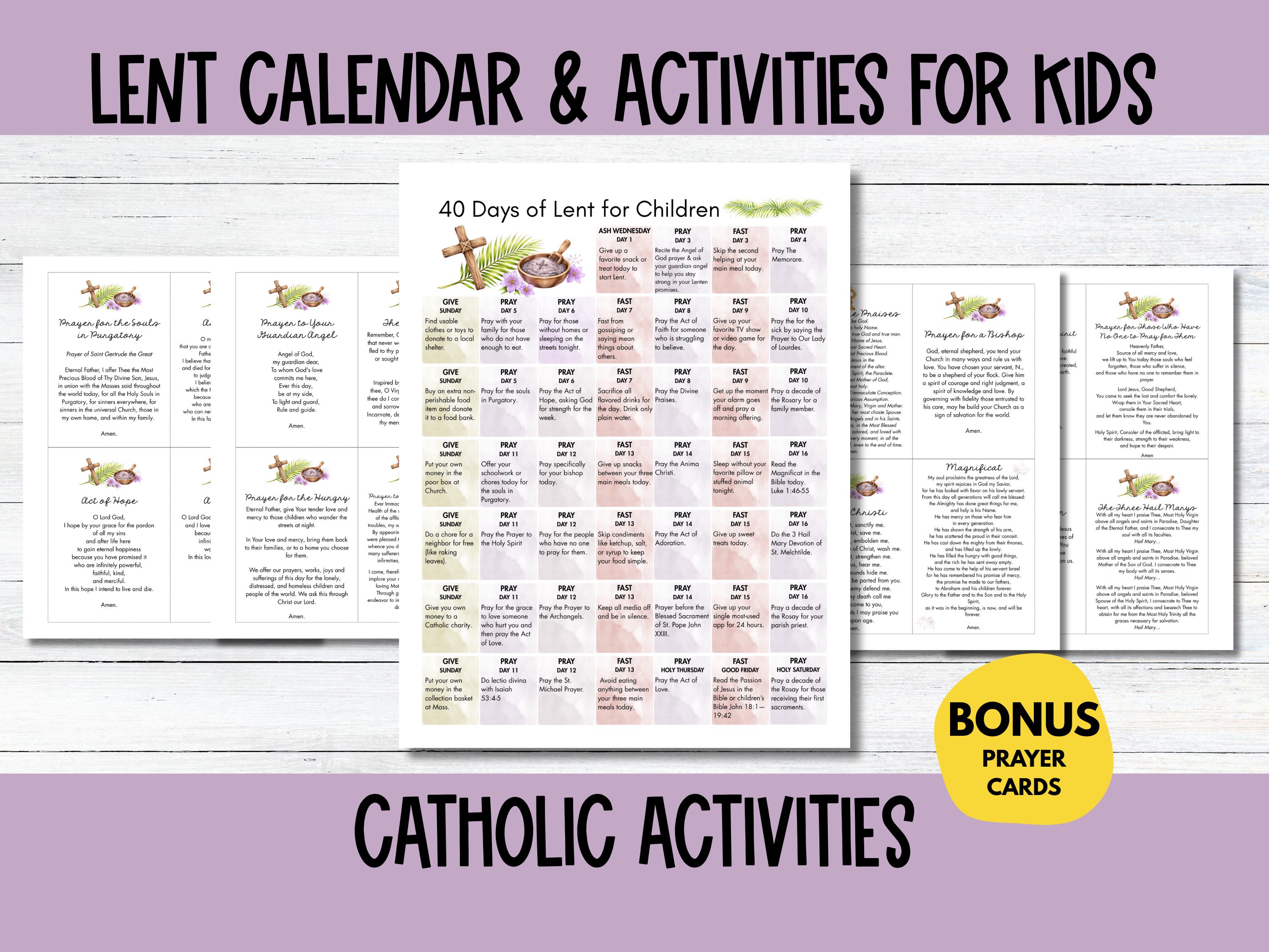 Catholic Lent Calendar for Kids | Printable 40 Days of Lent Activities ...