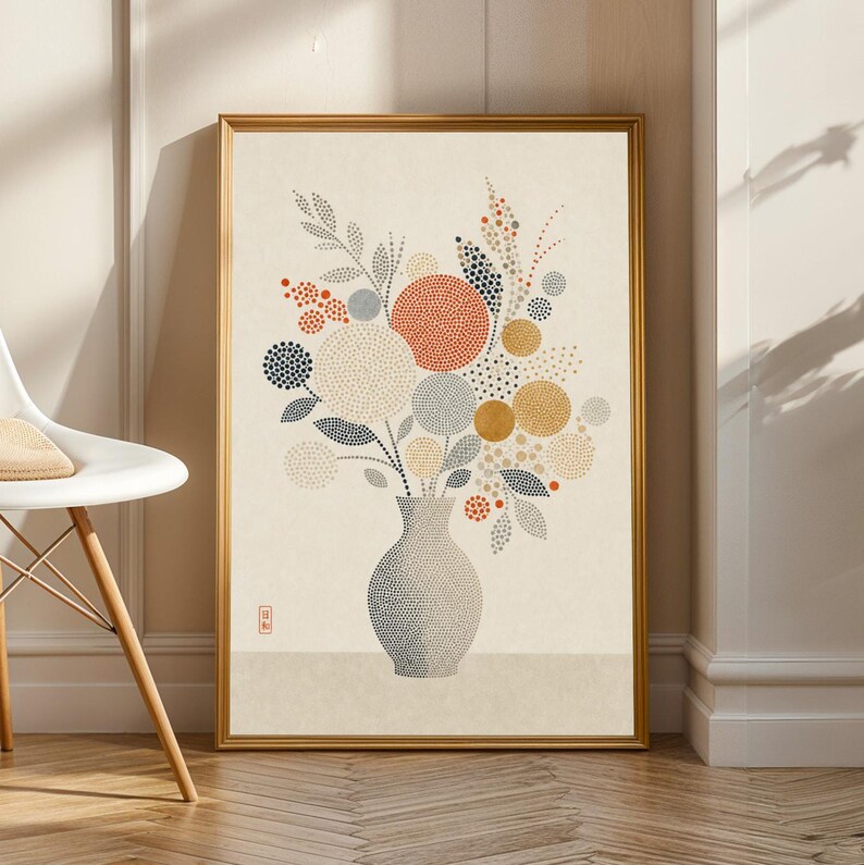 Abstract Dotted Bouquet Poster - Modern, Orange and Navy Blue Dotwork ...