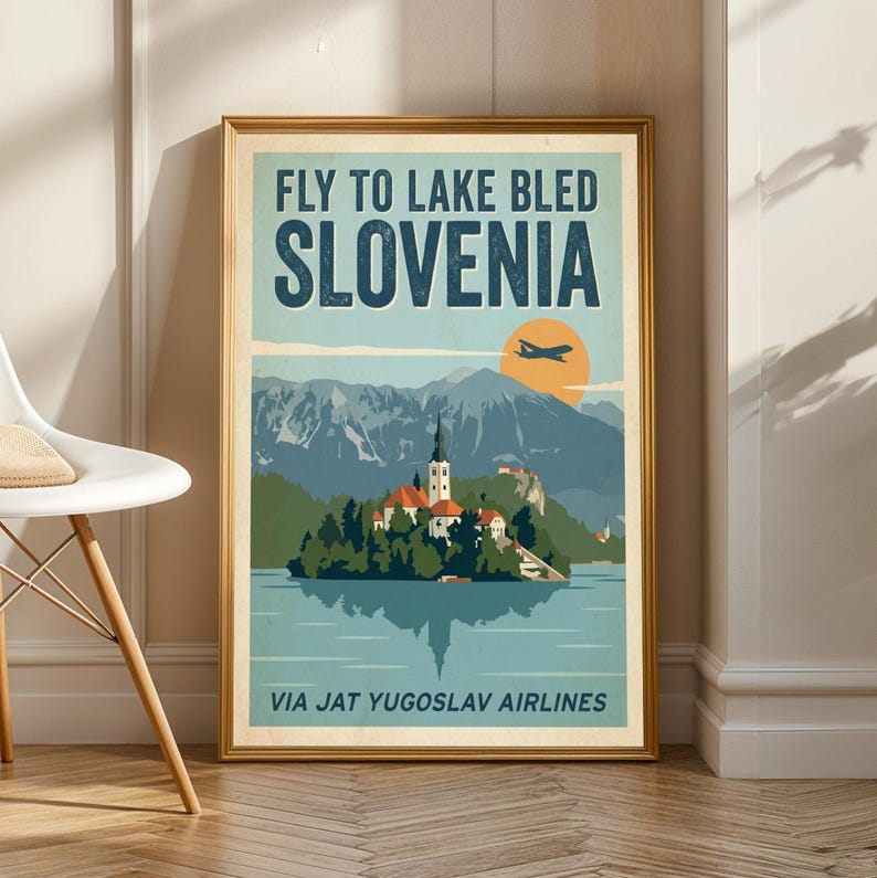 Lake Bled Poster - Vintage Travel Illustration, Teal and Navy Blue ...