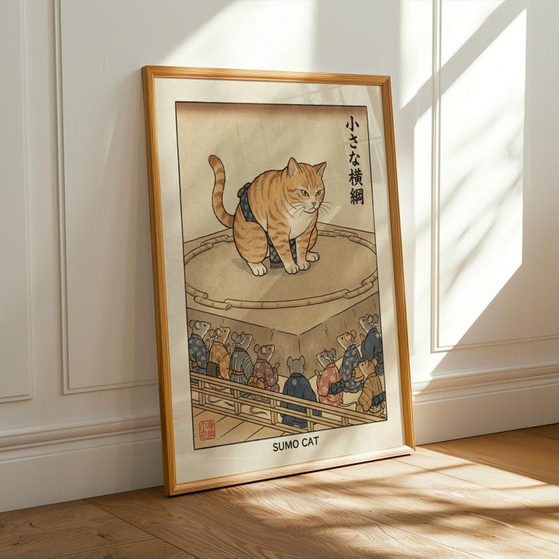 Japanese Sumo Cat on Dohyo Poster Woodblock Print, Orange and Beige - Etsy