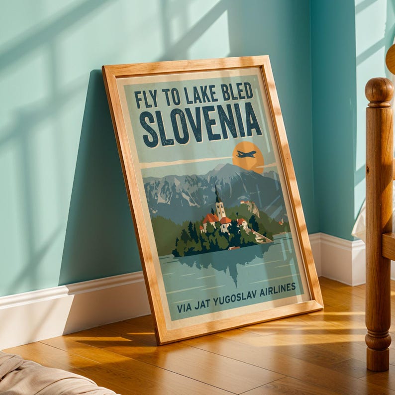 Lake Bled Poster - Vintage Travel Illustration, Teal and Navy Blue ...