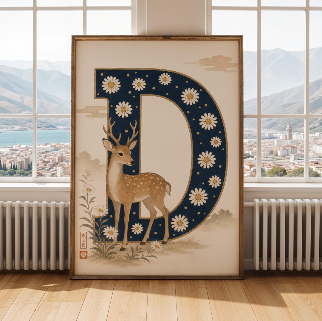 Letter D With Deer and Daisies Poster - Modern Watercolor Ukiyoe, Navy ...