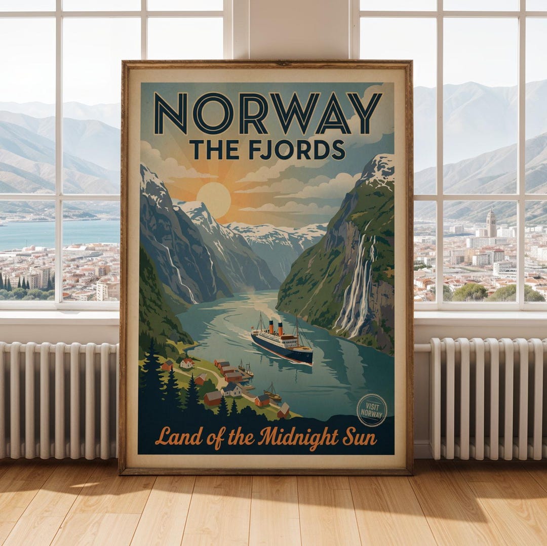 The Fjords Poster - Retro Travel Vector Landscape, Teal and Navy Blue ...