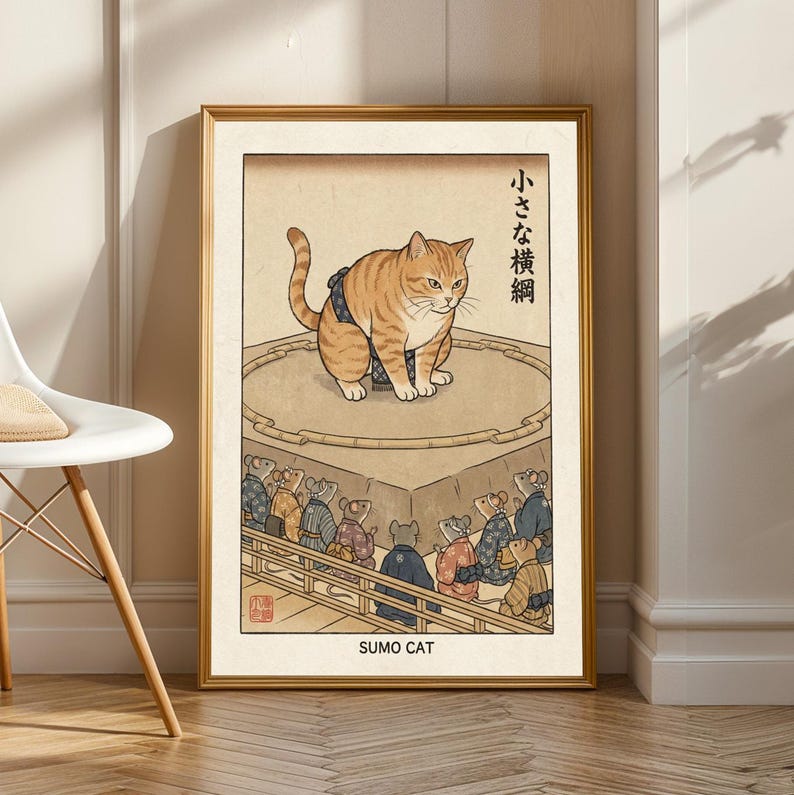 Japanese Sumo Cat on Dohyo Poster Woodblock Print, Orange and Beige - Etsy