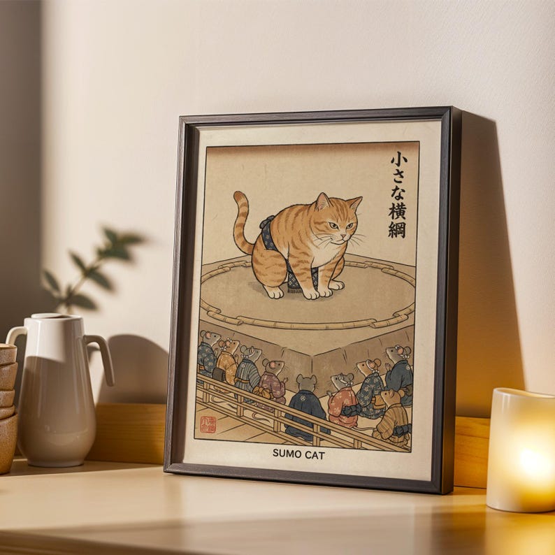Japanese Sumo Cat on Dohyo Poster Woodblock Print, Orange and Beige - Etsy